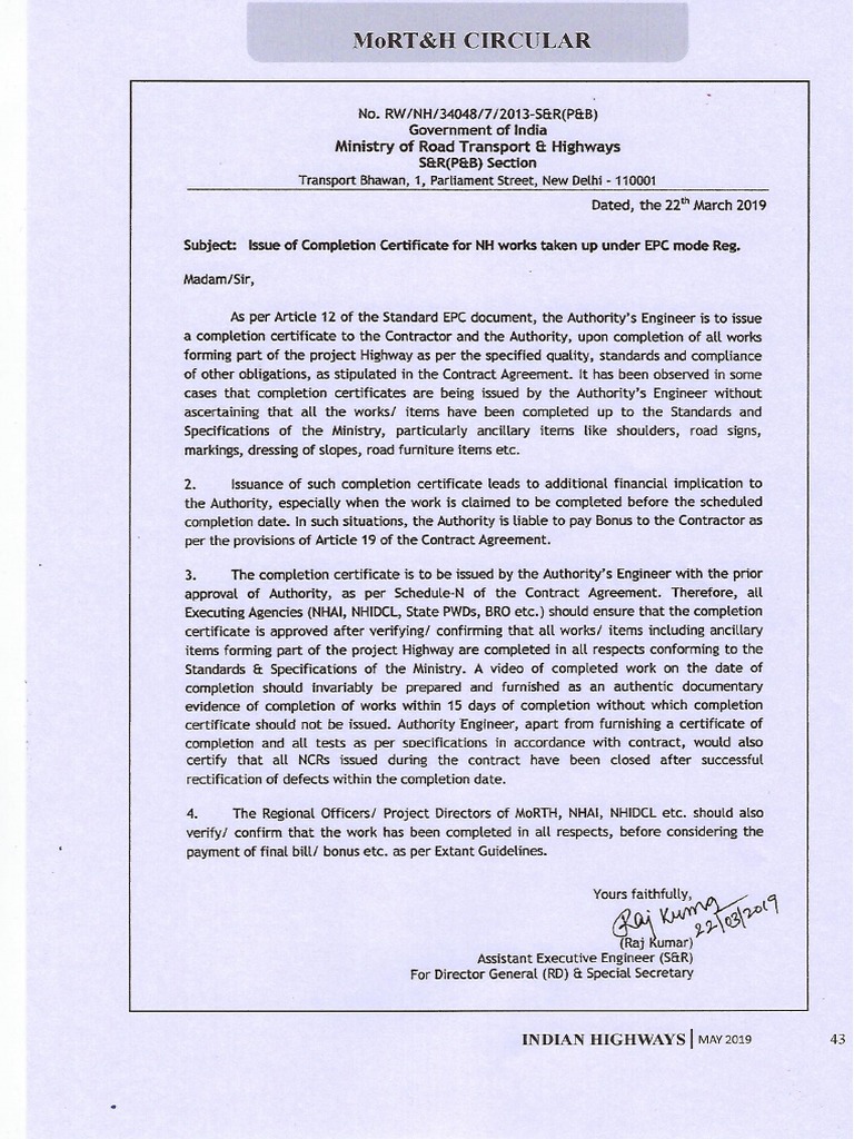MoRTH Circular Reg Completion Certificate For NH Works DT - 22.03.2019 | PDF