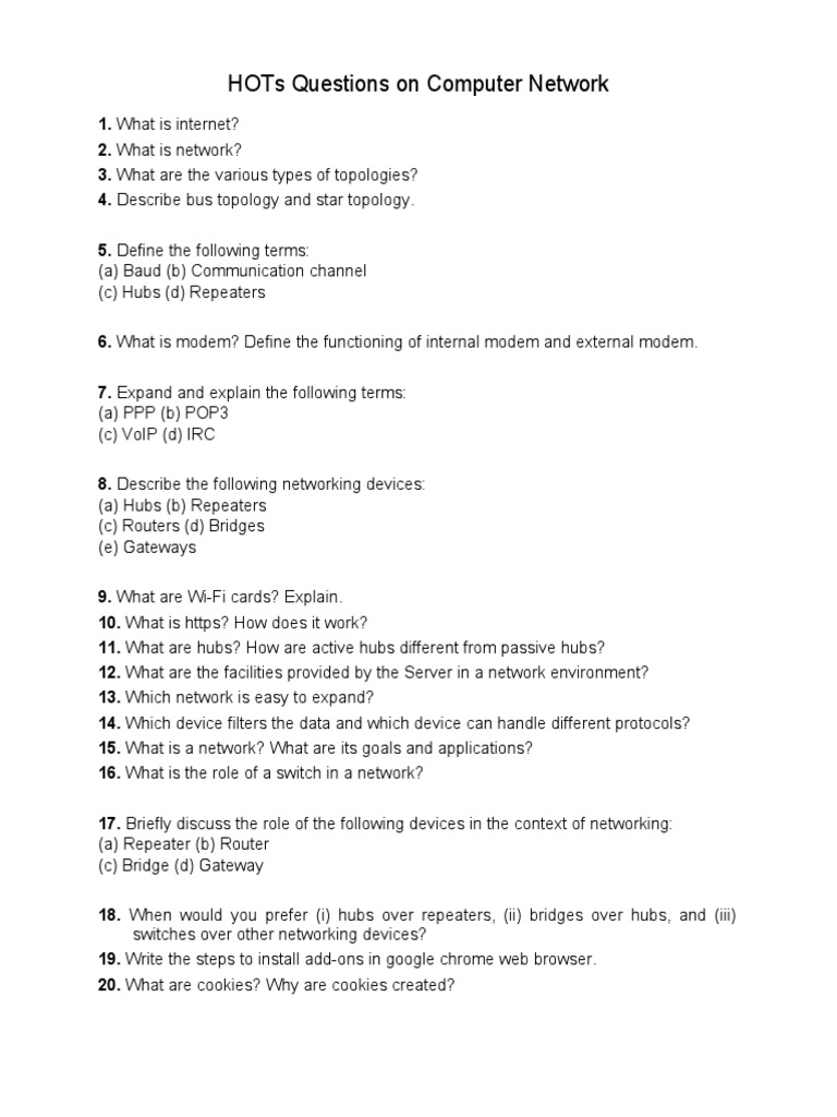 HOTs Questions on Computer Networking | PDF | Games & Activities ...