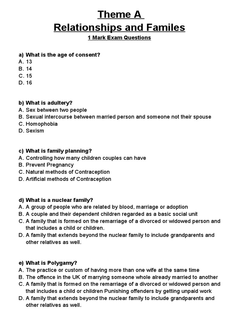 Relationships Theme A Exam Questions | PDF | Family | Marriage