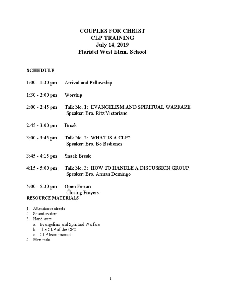 CFC Capiz RC West CLP Training Program | PDF | Prayer | Religious Faiths
