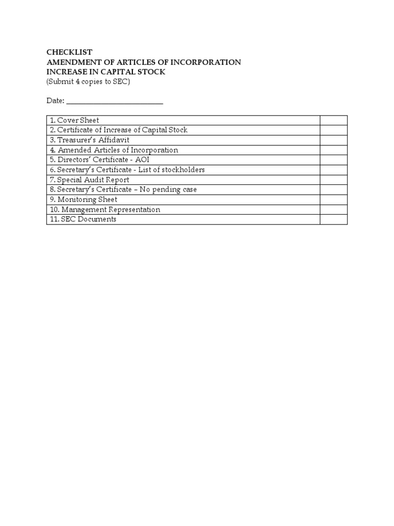 Checklist of Requirements - Increase in Authorized Capital Stock | PDF