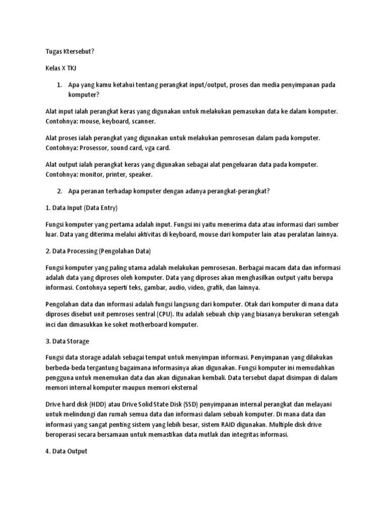 Tugas SMK N 3 BPP Komponen Perangkat Input, Output, Proses Dan Media Penyimpanan | PDF