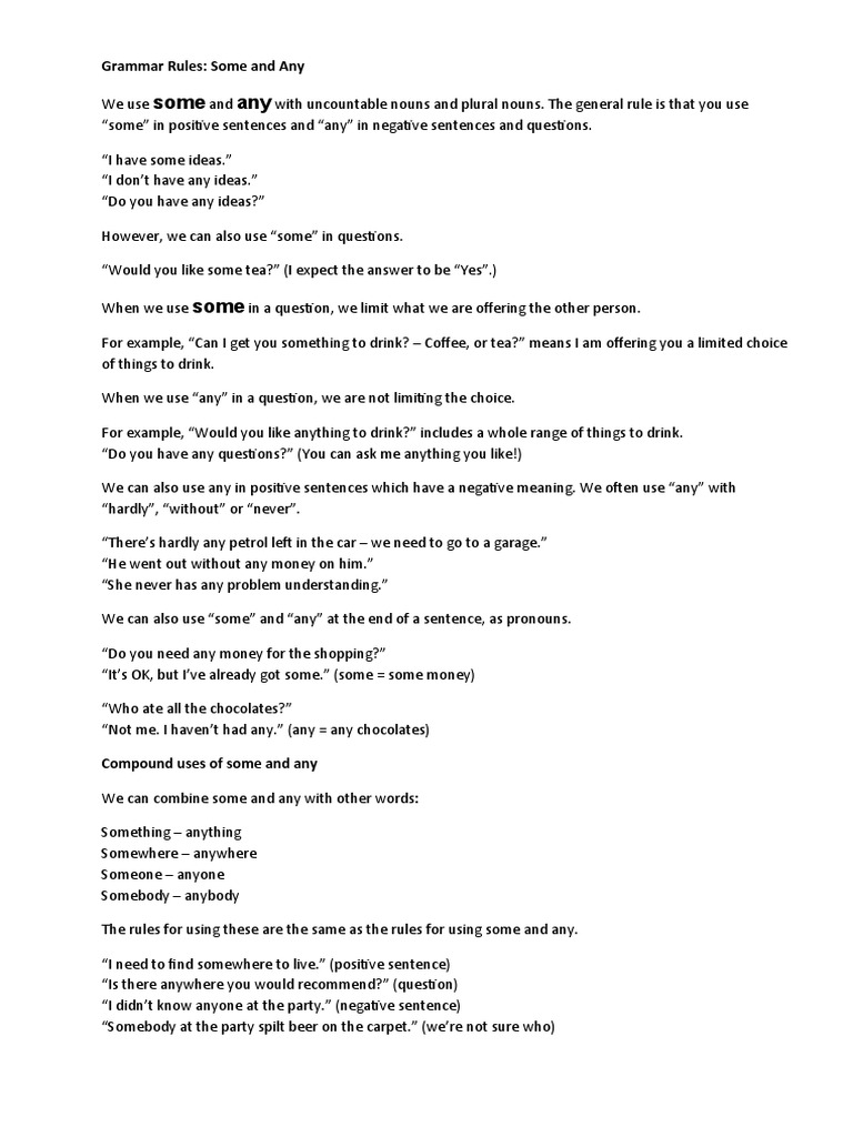 Some and Any Grammar Rules Explained | PDF