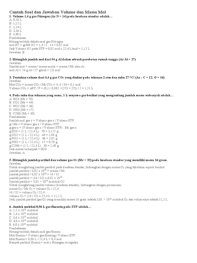 Contoh Soal Dan Jawaban Volume Dan Massa Mol | PDF
