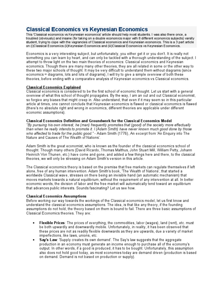 Classical Economics Vs Keynesian Economics Part 1 | PDF