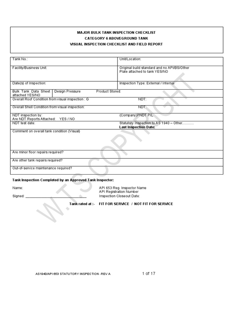 Tank Check List - Standard APIAS1940 | PDF | Valve | Stairs