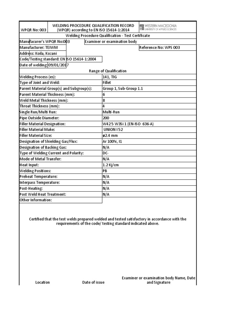 WPQR TIG Fillet Welding Procedure | PDF | Welding | Construction