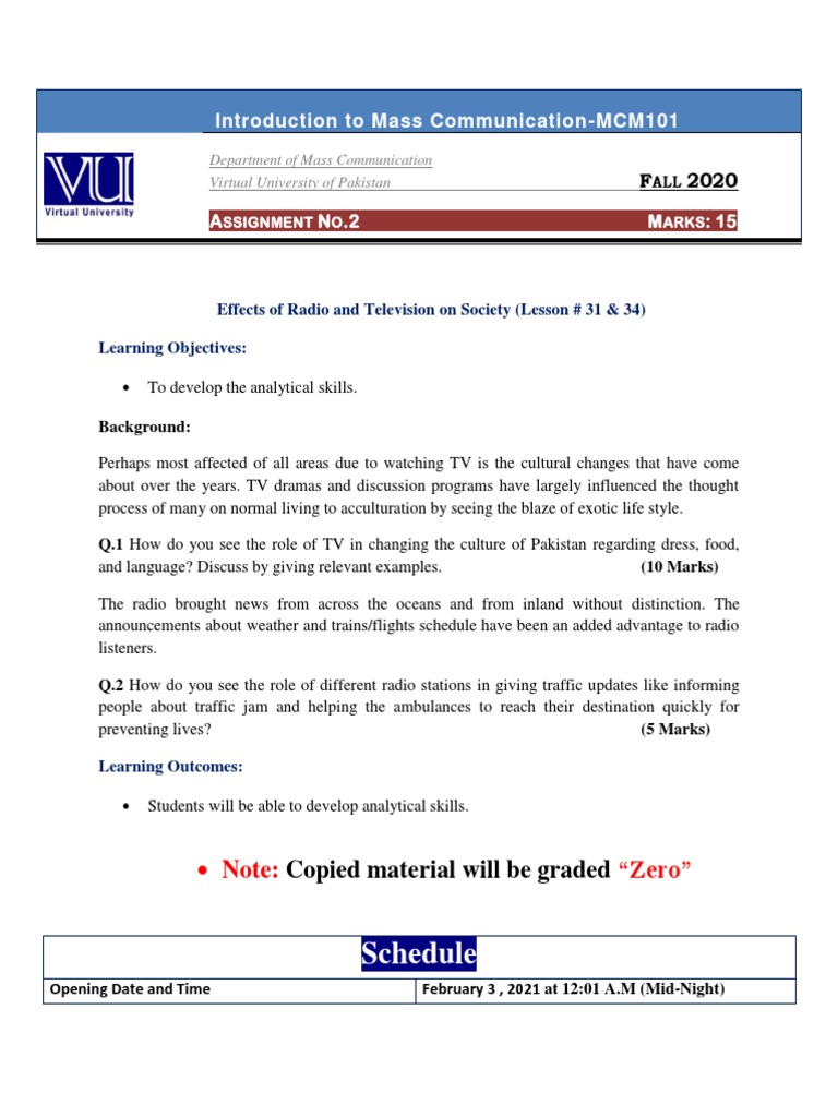 Schedule: Introduction To Mass Communication-MCM101 | PDF | Apa Style | Communication