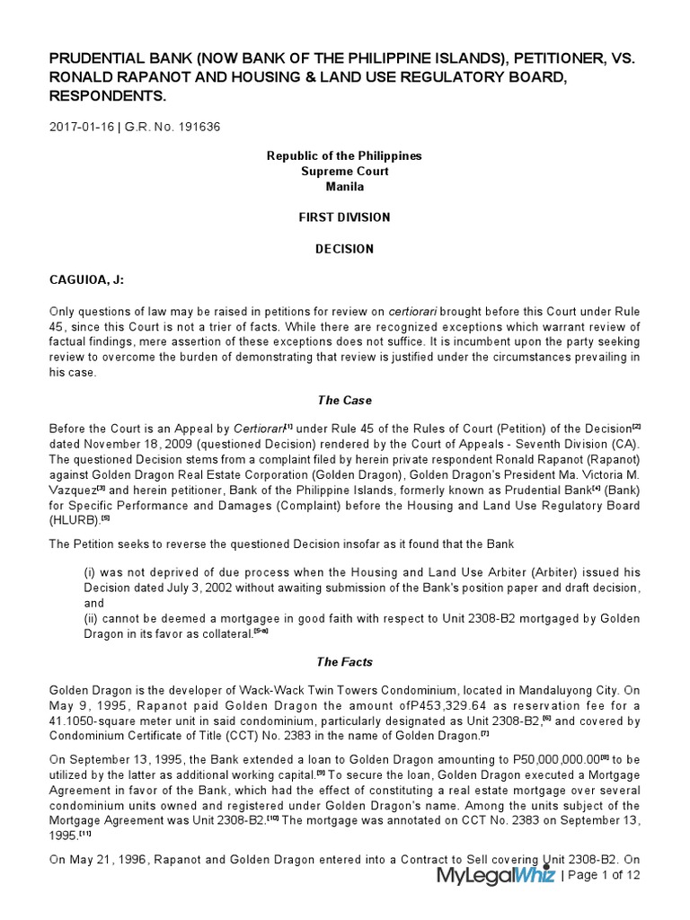 Prudential Vs Rapanot | PDF | Mortgage Law | Mortgage Loan