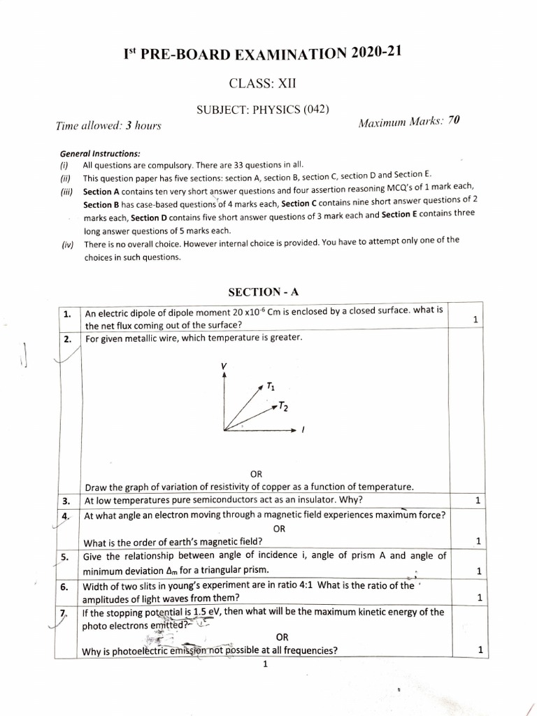 Pre-Board Examination 2020-21 Physics (042) Class XII | PDF | Diffraction | Capacitor