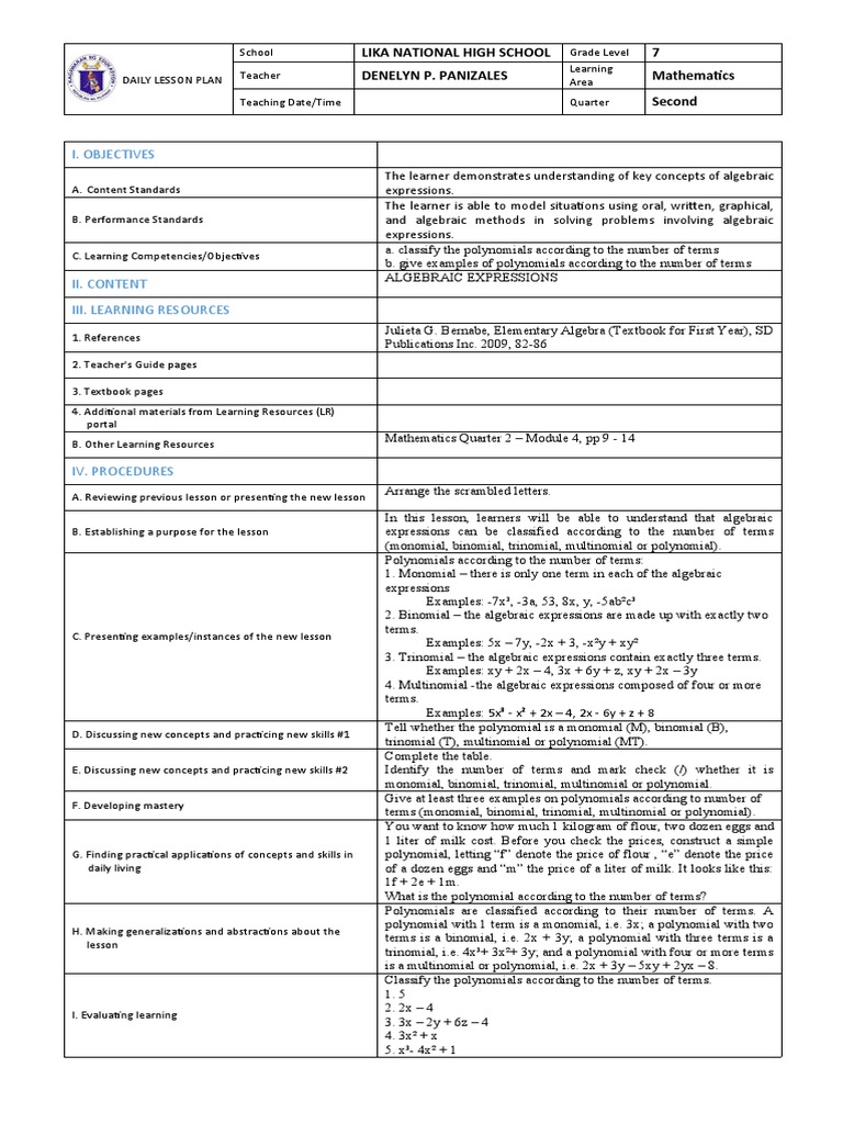 Classifying Polynomials According to Number of Terms: A Daily Lesson ...