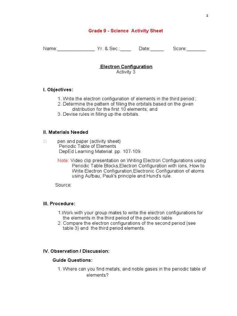 Grade 9 Electron Configuration Activity | PDF | Electron Configuration ...