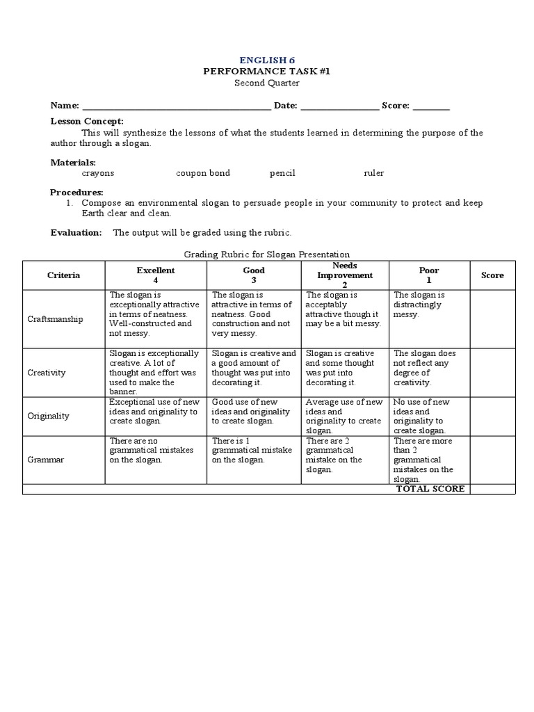 English 6-Performance Task-Q2 | PDF | Rubric (Academic) | Behavior ...