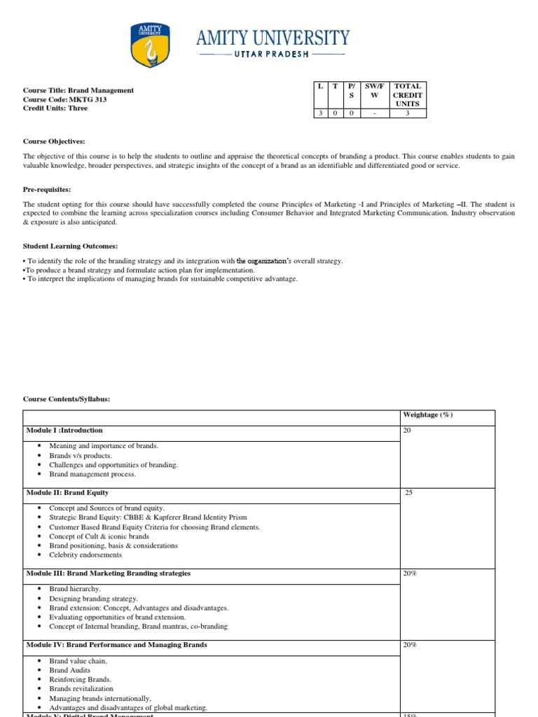 Course Title: Brand Management Course Code: MKTG 313 Credit Units ...