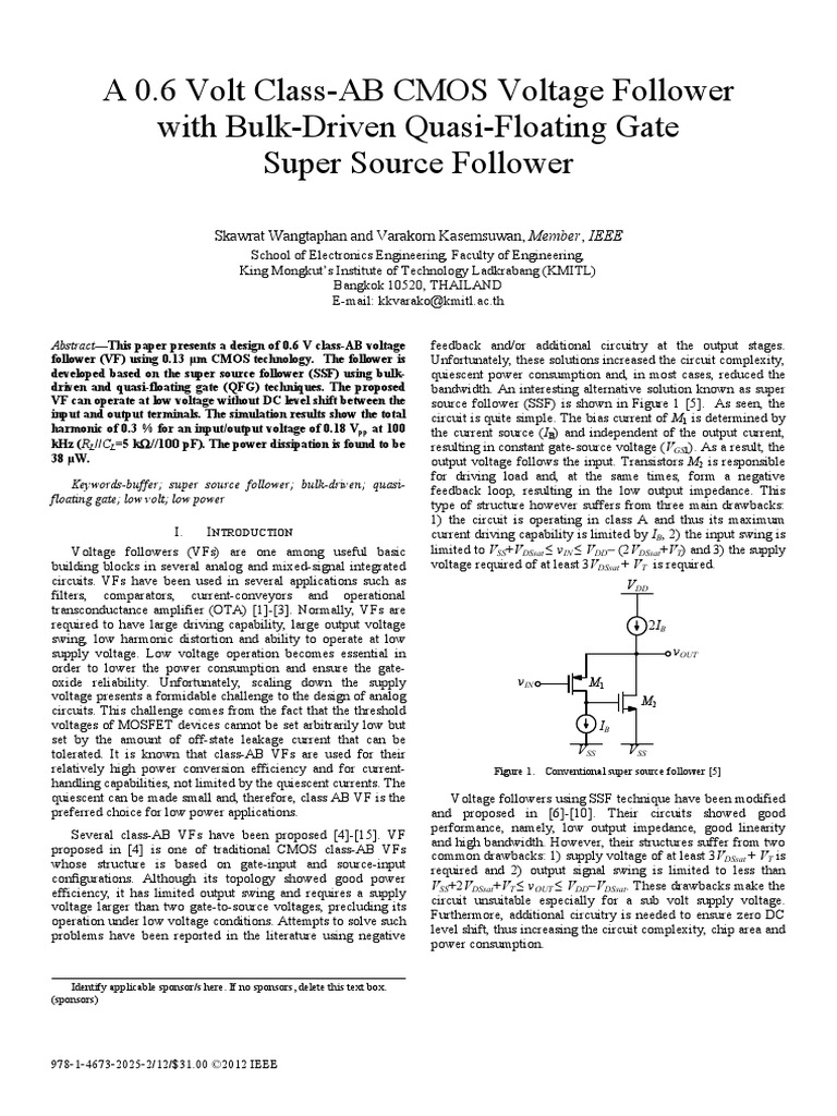 2012 IEEE 0.6 V Class-AB CMOS Voltage Followe With Bulk-Driven Quasi Floating Gate Super Source ...