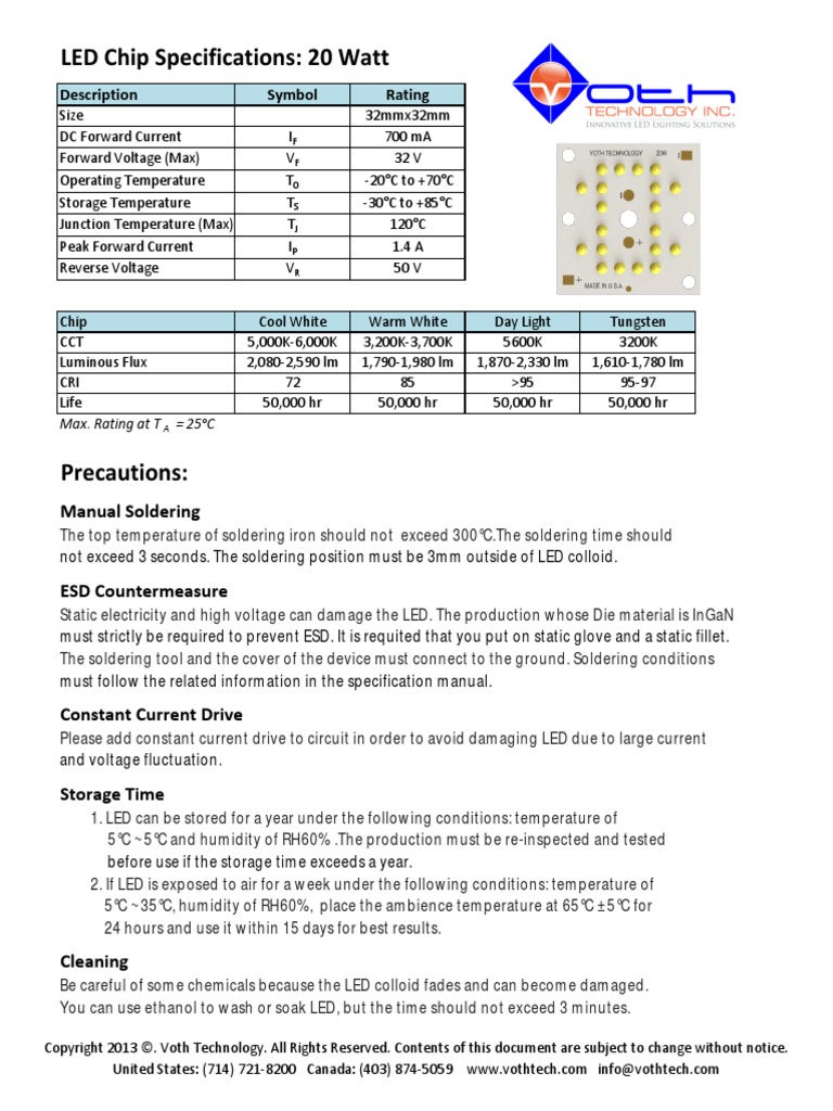 LED Chip Spec 20W | PDF | Soldering | Electrostatic Discharge