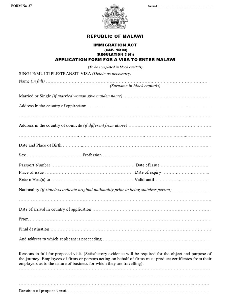 Republic of Malawi: Immigration Act Application Form For A Visa To ...