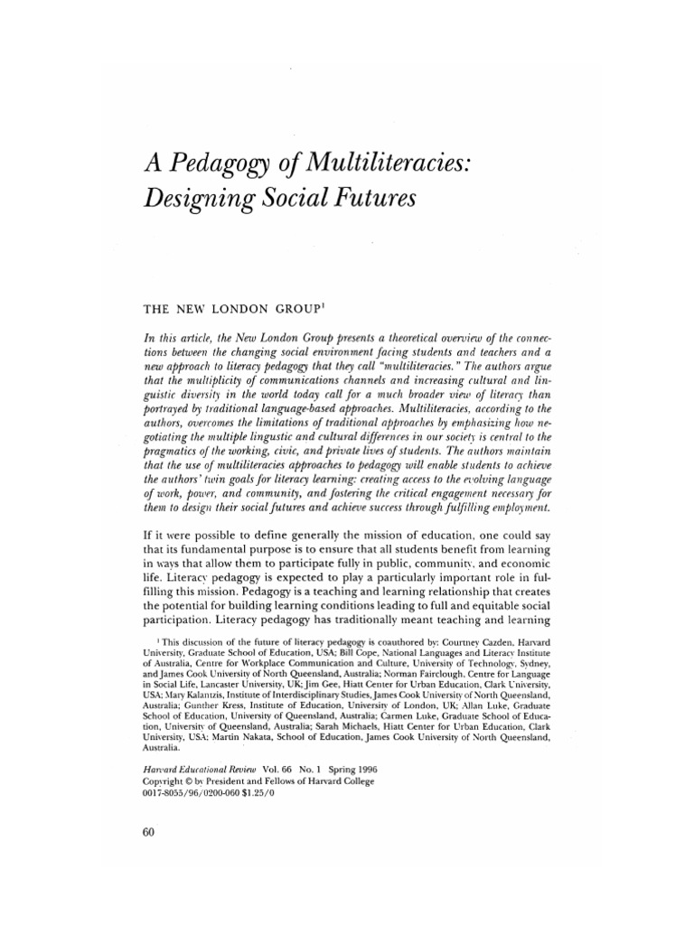 New London Group A Pedagogy of Multiliteracies | PDF
