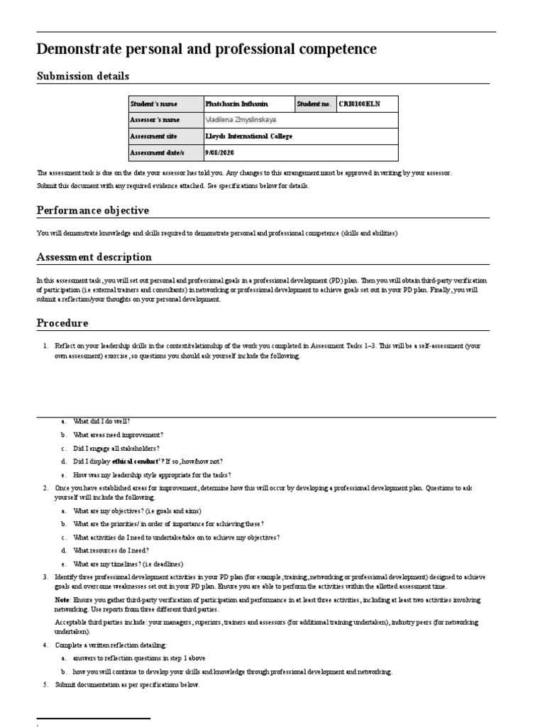 Demonstrate Personal and Professional Competence: Submission Details ...