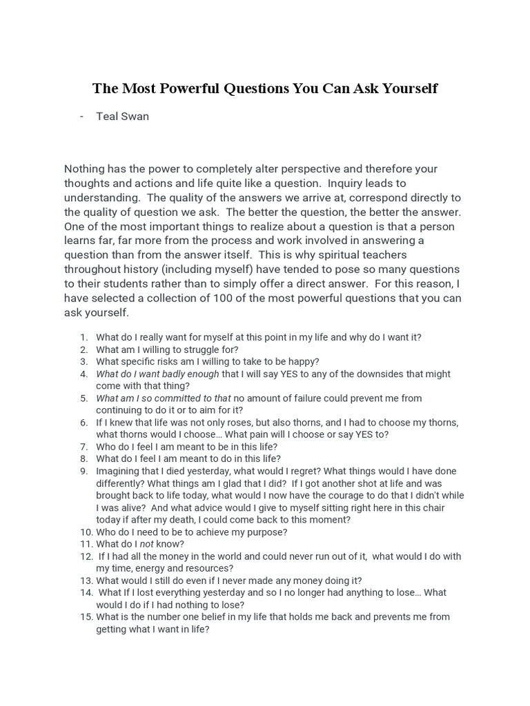 100 Powerful Self-Discovery Questions | PDF | Self-Improvement