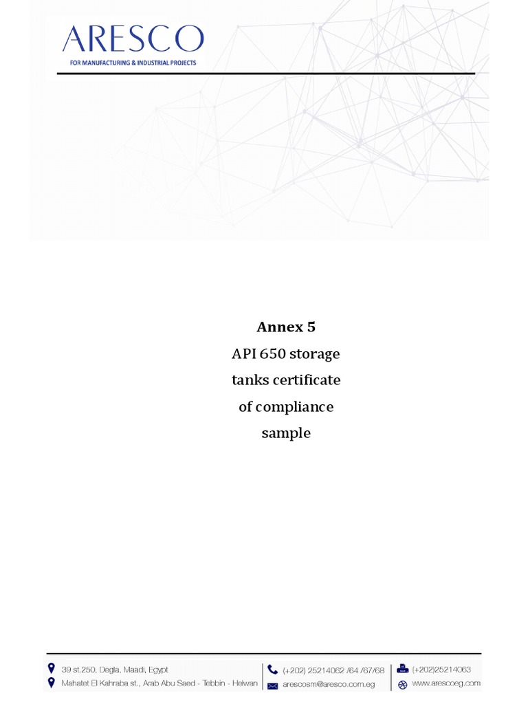 Annex 4.5 API 650 Storage Tanks Certificate of Compliance Sample | PDF