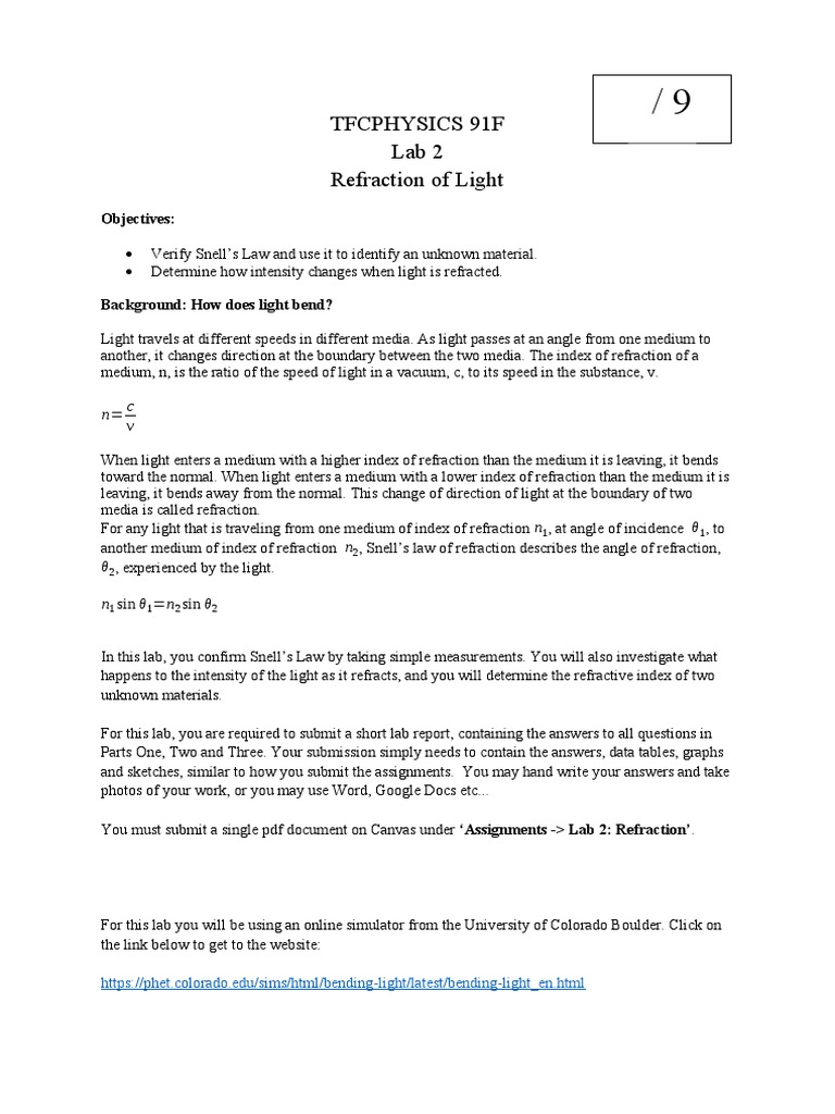 Tfcphysics 91F Lab 2 Refraction of Light: Objectives | PDF | Refraction ...