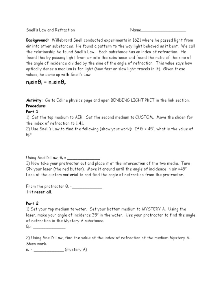 Snell's Law and Index of Refraction Activity | PDF | Refraction ...