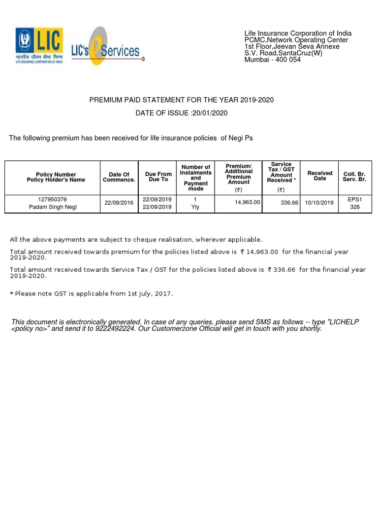 LIC Premium Payment Statement 2019-20 | PDF | Life Insurance | Insurance