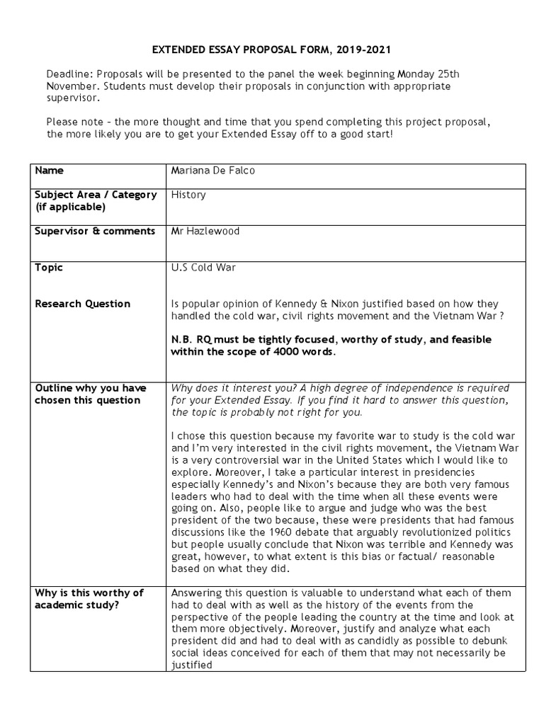 Extended Essay Proposal Example | PDF | John F. Kennedy | Richard Nixon