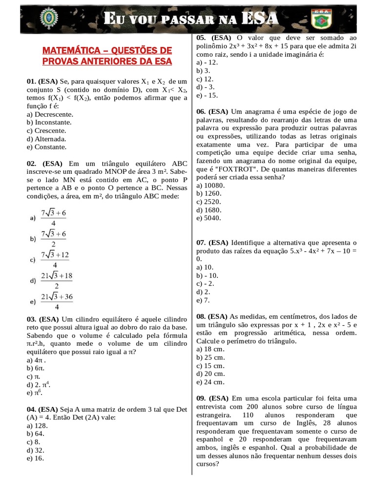 Provas Anteriores Da ESA - Matemática | PDF | Triângulo | Logaritmo