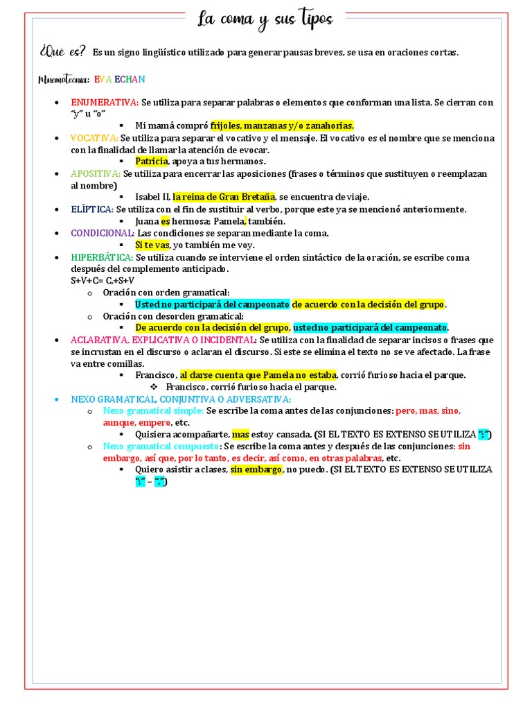 La Coma y Sus Tipos | PDF | Coma | Oración (Lingüística)