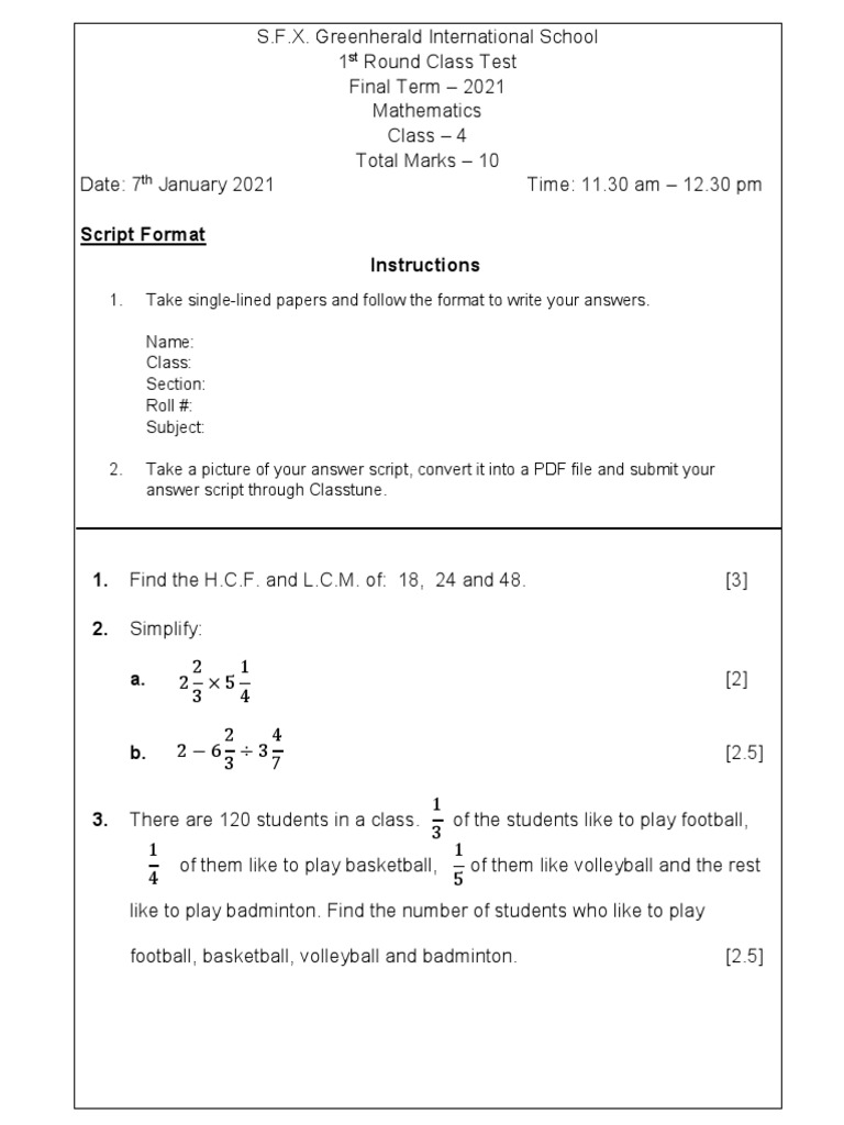 Class 4 Math Test 2021 | PDF