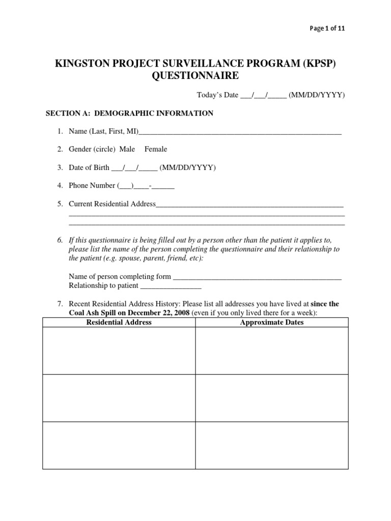 Kingston Project Surveillance Program (KPSP) Questionnaire: Section A ...