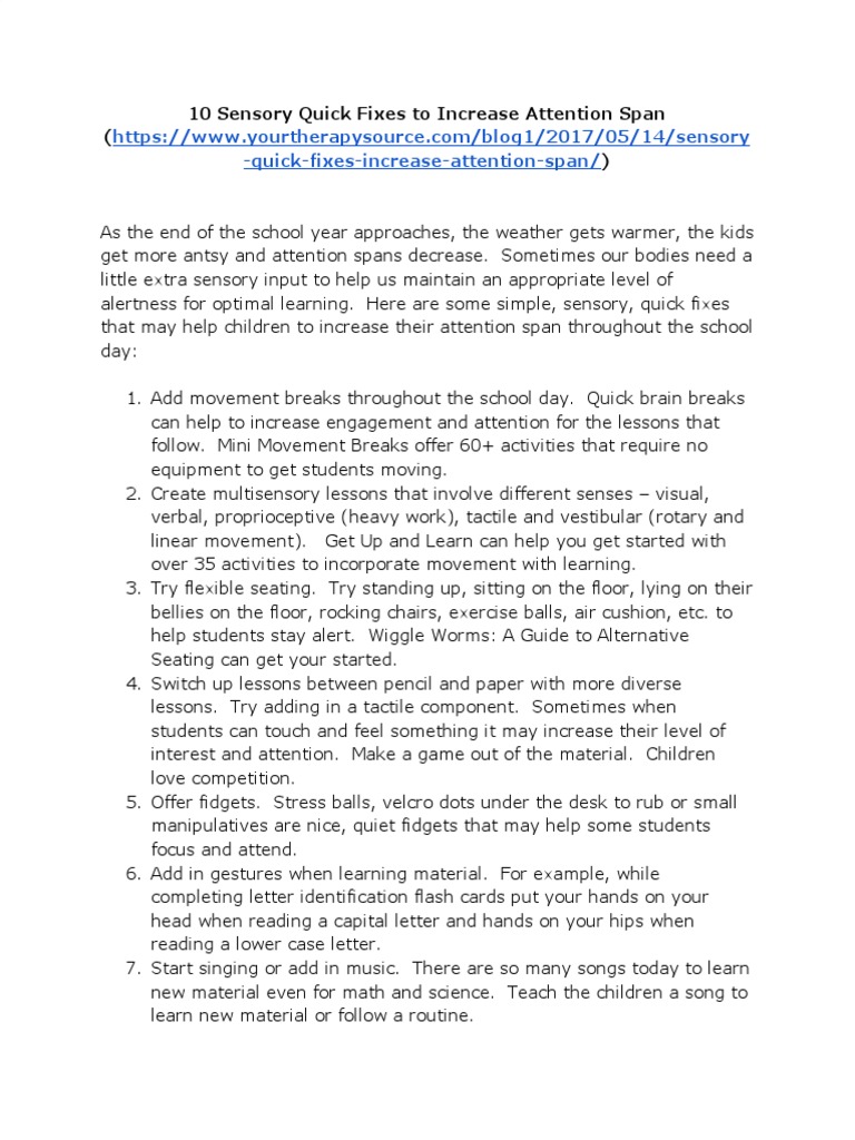 10 Sensory Quick Fixes To Increase Attention Span | PDF | Attention ...