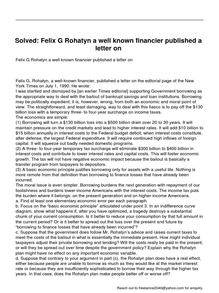 Felix G Rohatyn A Well Known Financier Published A Letter On | PDF ...