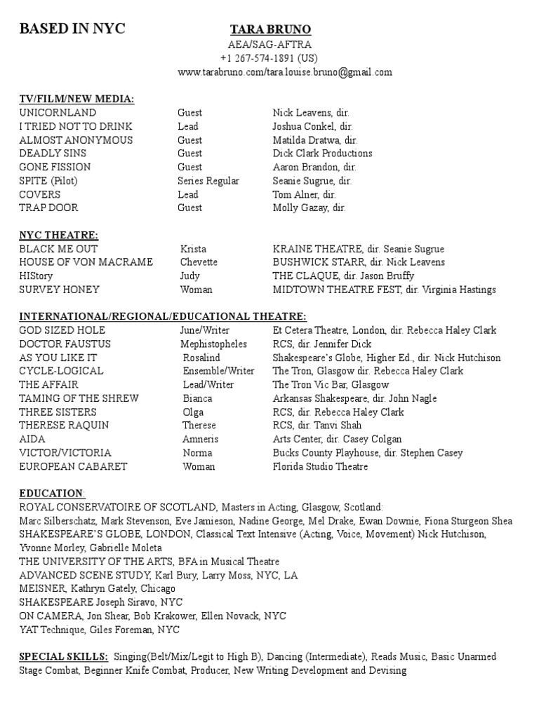 Tara Bruno Resume Feb 2021 | Download Free PDF | Performing Arts | Theatre