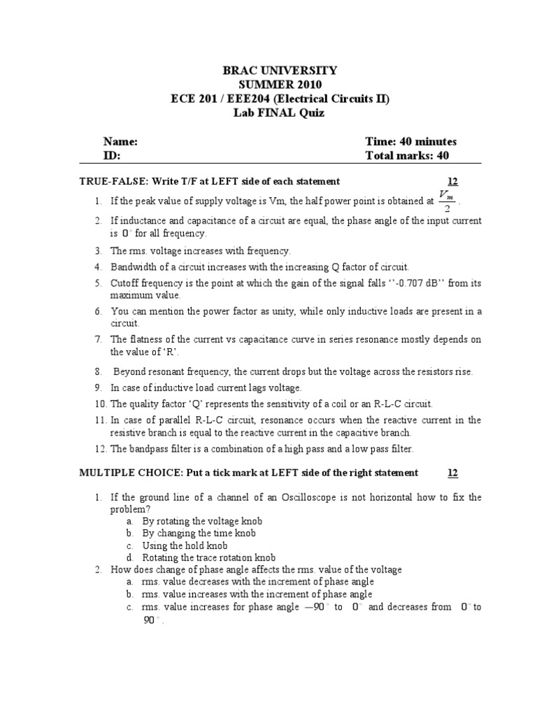 Electrical Circuits II Lab Quiz | PDF | Electrical Impedance | Inductance