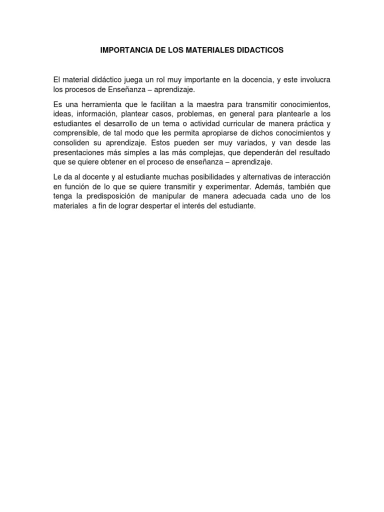 IMPORTANCIA DE LOS MATERIALES DIDACTICOS Parrafo | PDF | Crecimiento personal y profesional ...