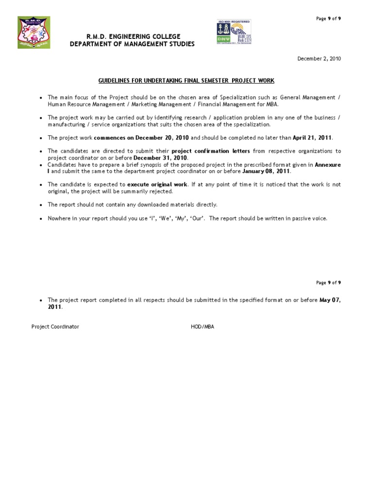 Guidelines for Undertaking Final Semester Project Work at R.M.D ...
