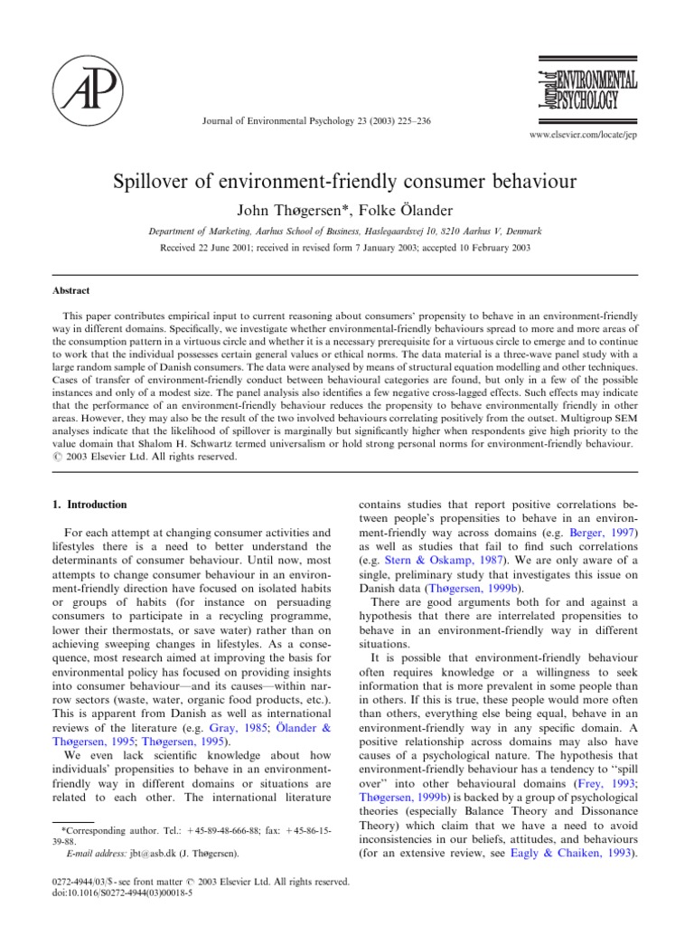Spillover of Environment-Friendly Consumer Behaviour: John TH Gersen ...
