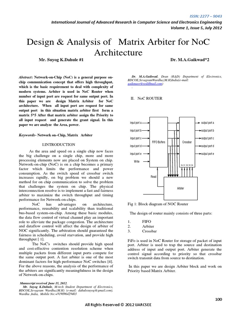 Design & Analysis of Matrix Arbiter For NoC | PDF | System On A Chip | Input/Output