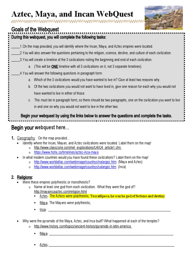 Aztec, Maya, and Incan Webquest: Goals of The Webquest | PDF | Inca ...