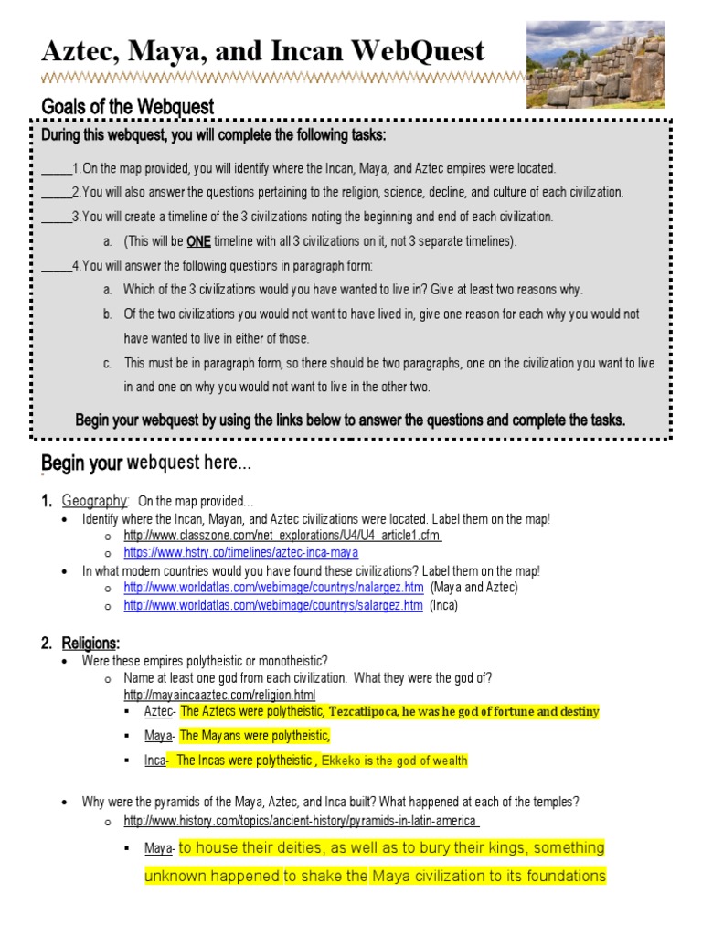 Aztec, Maya, and Incan Webquest: Goals of The Webquest | PDF | Hernán ...