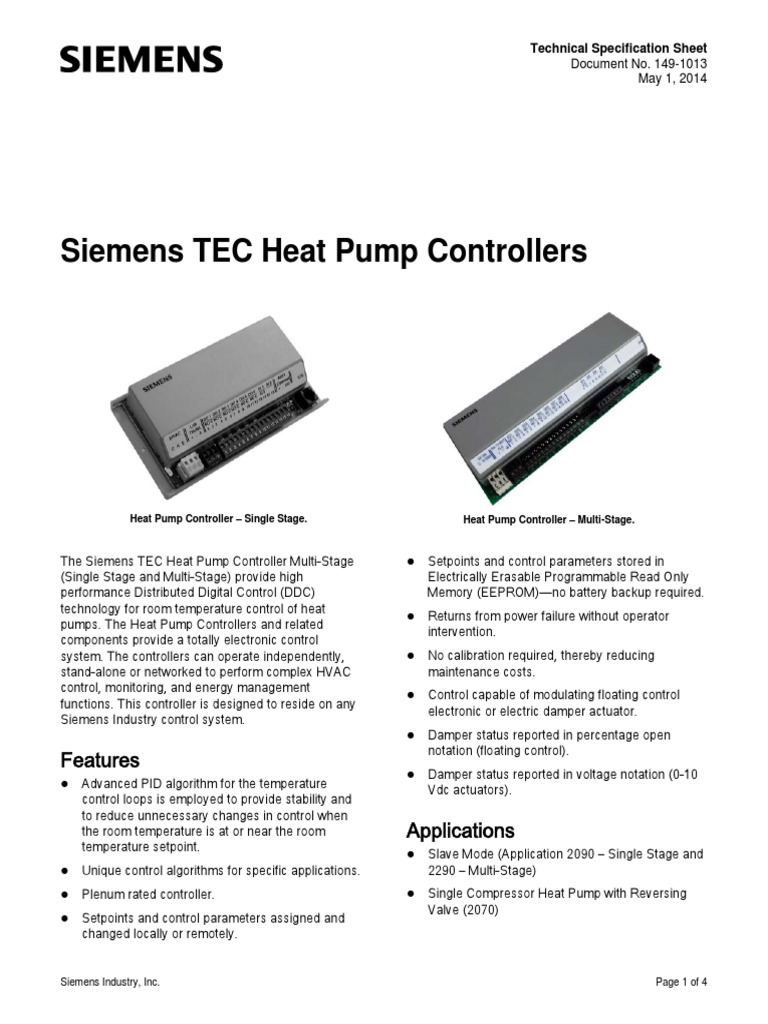 Siemens TEC Heat Pump Controllers: Features Applications | PDF | Heat ...