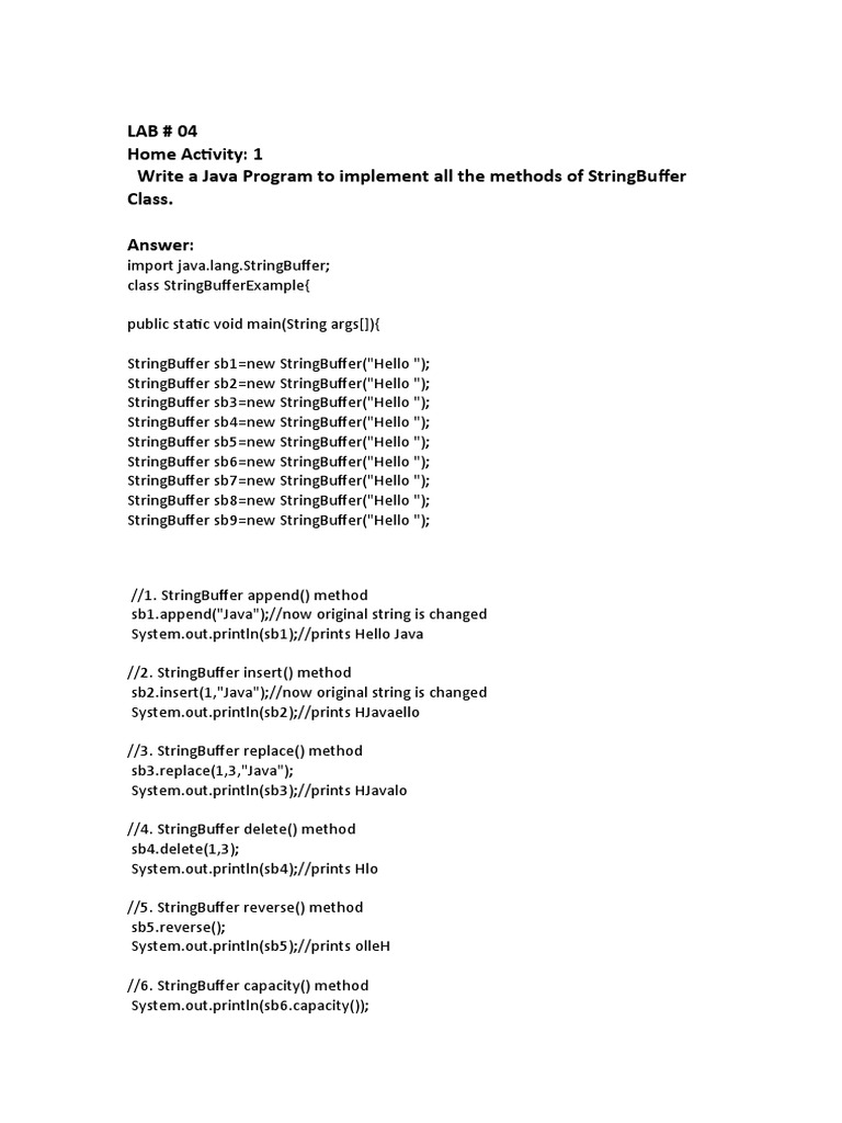 Lab # 04 Home Activity: 1 Write A Java Program To Implement All The ...