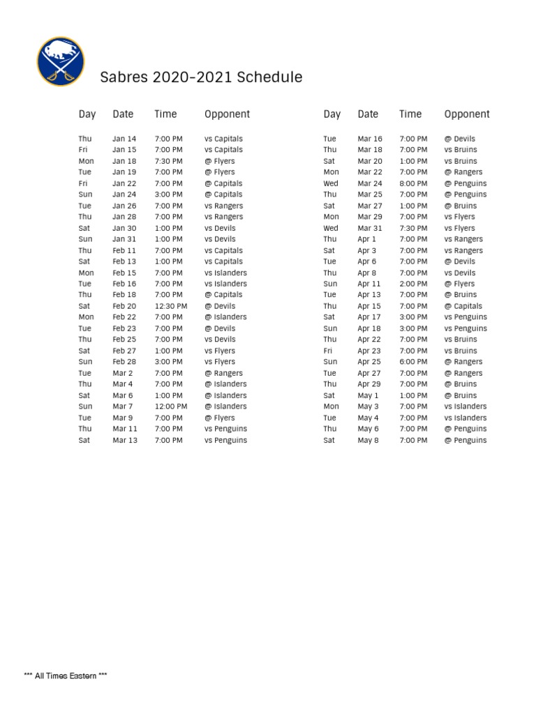 Sabres Printable Schedule - WGR | PDF | Ice Hockey | National Hockey ...