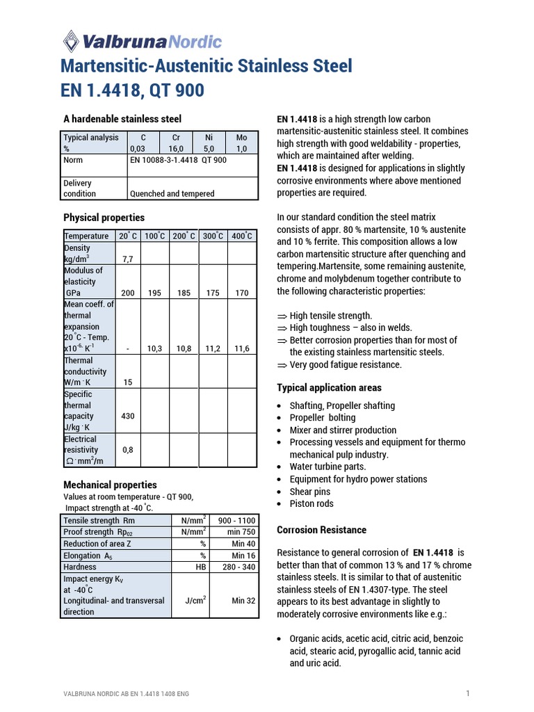 EN 1.4418 Stainless Steel Properties | PDF | Stainless Steel | Heat ...