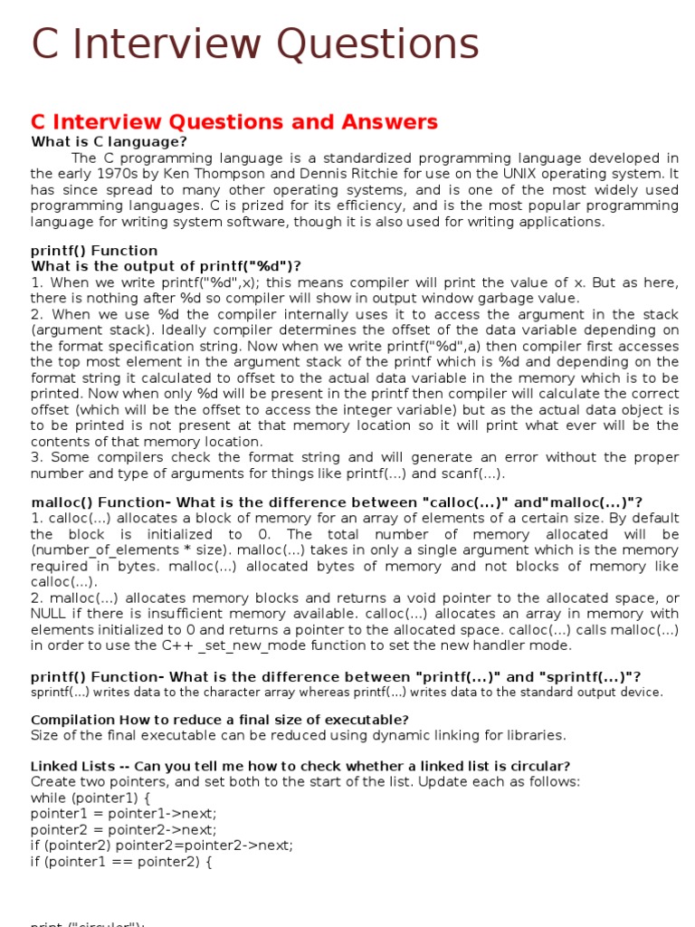 C Interview Questions And Answers Pdf Pointer Computer Programming Subroutine