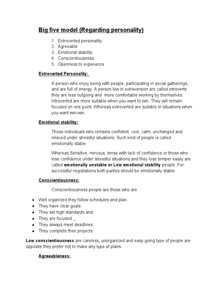 Big Five Model | PDF | Extraversion And Introversion | Personality Traits