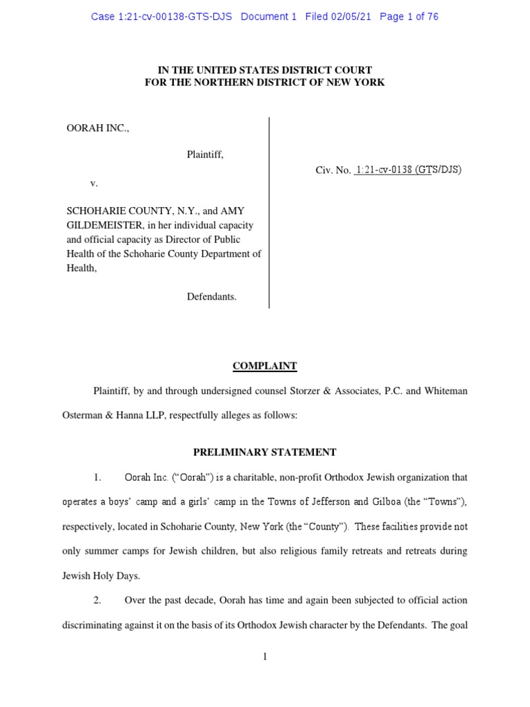 Oorah Federal Complaint Vs Schoharie County Over Orthodox Camp | PDF ...